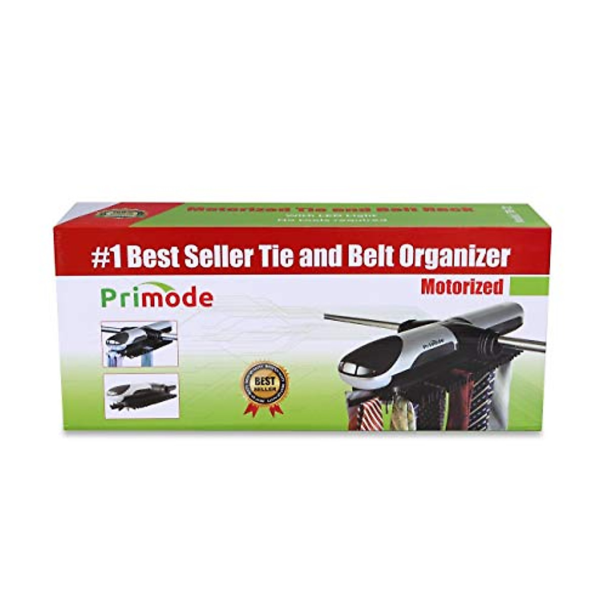 Primode Motorized Tie Rack Closet Organizer with LED Lights, Bonus Stainless Steel Tie Clip Set, Includes J Hooks for Wired Shelving Stores Up To 72 Ties with 8 Belts, Rotation Operates With Batteries