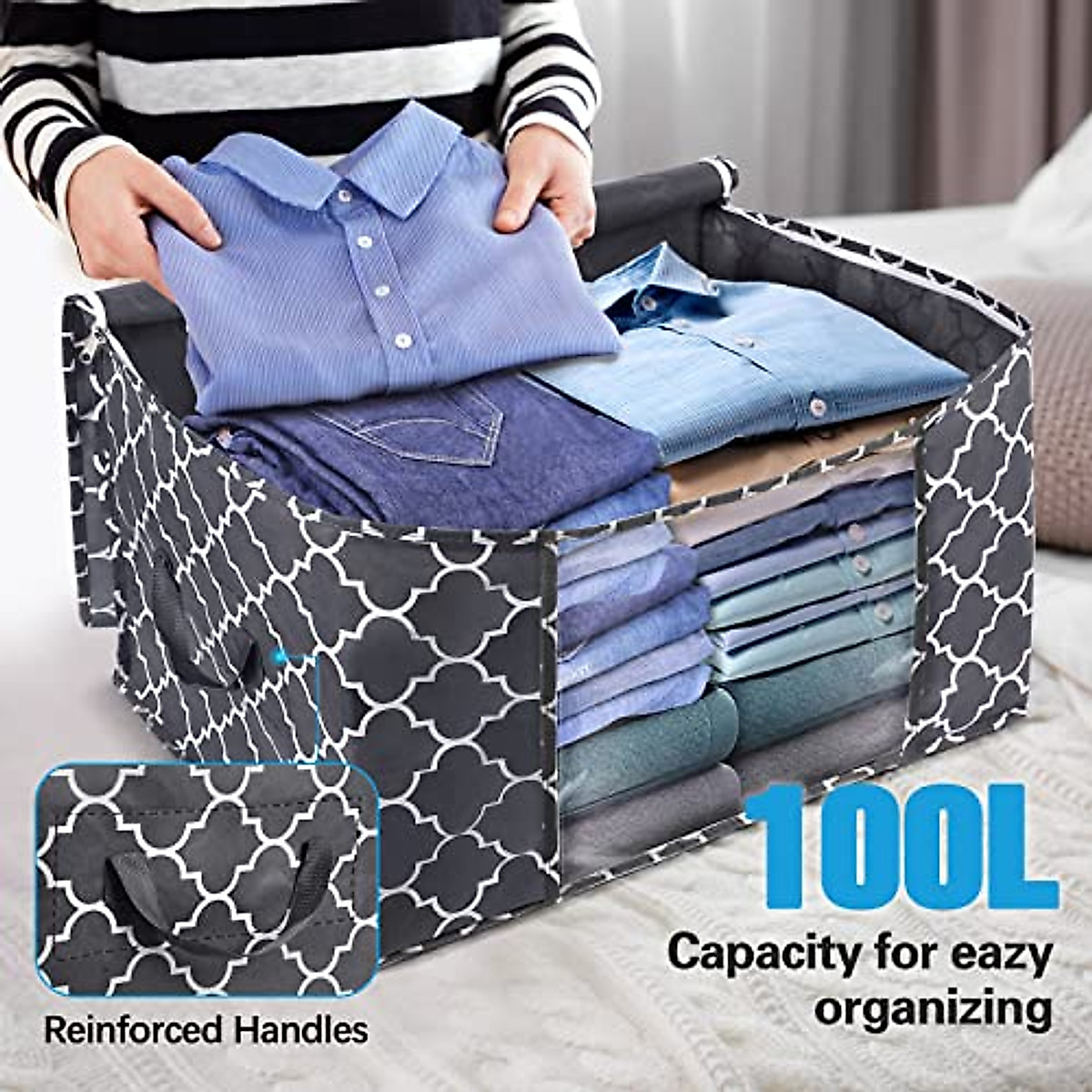 UMEIJA Large Clothes Storage Bags 100L Clothing Storage Organizer Foldable Storage Containers for Comforter Blanket Bedding with Durable Handle, Clear Window, Sturdy Zippers (3 Pack)