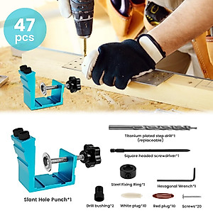 47Pcs Pocket Hole Jig Kit, Aluminum Alloy Pocket Screw Jig Drill Guide, Sturdy 15° Angled Hardware Holes Drilling Positioner, Woodworking Punch Locator Tool with 20 Screws 1 Hex Key for Carpentry