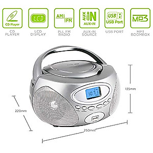 HANNLOMAX HX-311CD Portable CD/MP3 Boombox, PLL AM/FM Radio, USB Port for MP3 Playback, Aux-in, LCD Display, AC/DC Power Source (Silver)