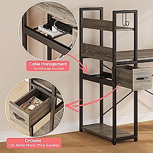 Bestier Home Office Desk with Drawer and Cable Management Rack, 47 Inch Computer Desk with Shelves, Writing Desk with Reversible Storage Bookshelf (Retro Grey Oak Dark)