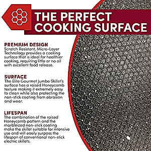 Elite Gourmet EG-6203# Extra Deep 16"x13"x3.2" (10.5Qt.) Scratch Resistant, Easy Pour Spout Dishwasher Safe, Non-stick Electric Skillet with Glass Vented Lid, Adjustable Temperature, Black