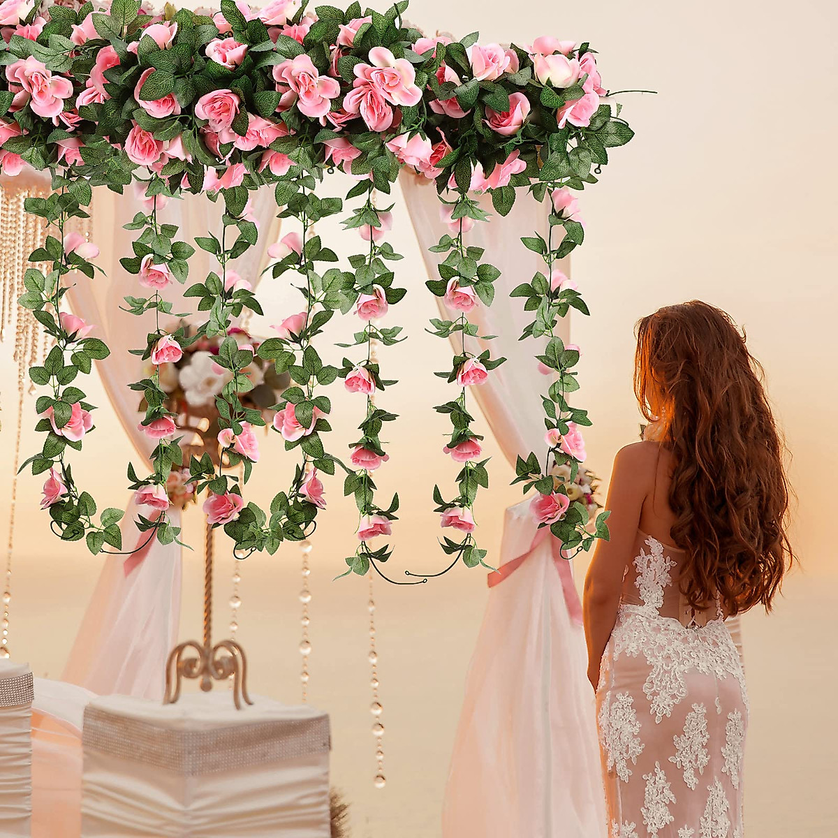 Hoteam 12 Pcs (90 Ft) Pink Fake Rose Vine Garlands for Wedding Artificial Rose Vine Plants Room Decor Flowers Hanging Rose Garland for Wall Wedding Party Backdrop Garden Craft Art Decorations