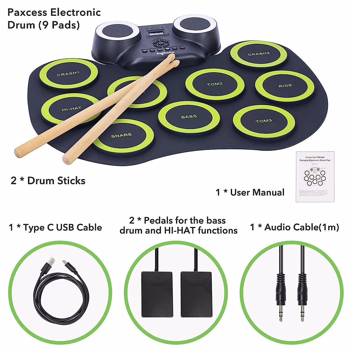 Electronic Drum Set, 9 Drum Pads, Roll up Electric Drum Set with Headphone Jack, Built-in Dual Speaker, Drum Stick, Foot Pedals, Best Gift for Christmas Holiday Birthday
