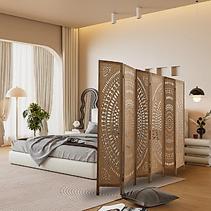 ALeesing 6 Panel Wood Room Divider Fully Assembled, Carved Boho Room Dividers and Folding Screens, 5.6Ft Room Divider Screen Freestanding Partition Wall Dividers for Home Bedroom Office, Brown