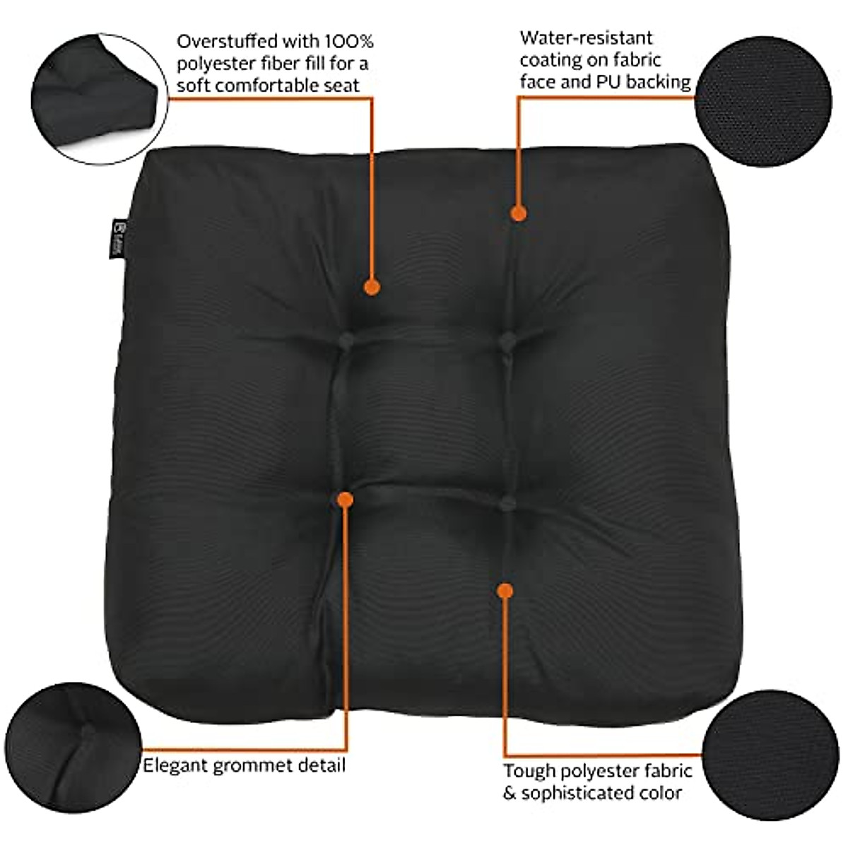 Classic Accessories Water-Resistant Square Patio Seat Cushions, 19 x 19 x 5 Inch, 2 Pack, Black, Outdoor Seat Cushions