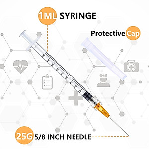 1ml Syringes with Needles 25G 5/8 inch, Lab Sample Injection Syringes for Industrial Scientific Labs, Liquids Measuring and Dispensing - 50 Pack/Box