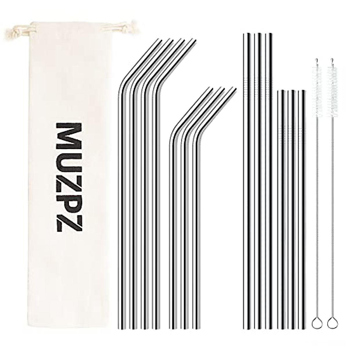 12-Pack Reusable Straws with Case, Portable Metal Straw Set, Stainless Steel Drinking Straws for Tumblers 20oz-32oz, 2 Straw Cleaner Brushes Included, MUZPZ Reusable coffee straws (Silver)
