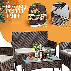 Greesum Patio Furniture 4 Pieces Conversation Sets Outdoor Wicker Rattan Chairs Garden Backyard Balcony Porch Poolside loveseat with Cushion and Glass Table, Brown and Light Beige
