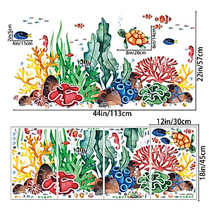 Creative Removable 3D Under The Sea Wall Sticker Ocean Life Coral Grass Wall Decal Peel and Stick Fish Sea Turtle Whale Wall Decor for Kids Bedroom Bathroom Nursery Living Room Wall Corner Decoration