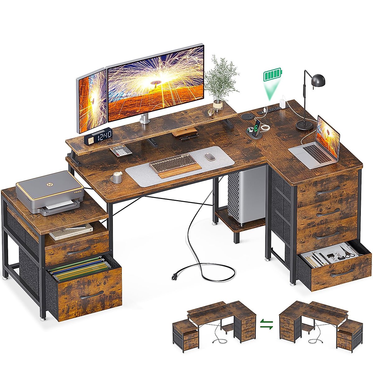 AODK L Shaped Desk with 6 Drawers & Power Outlet, 72 Inch Computer Desk with File Drawer & Printer Storage Shelves, Reversible Desk with Monitor Shelf for Home Office, Rustic Brown