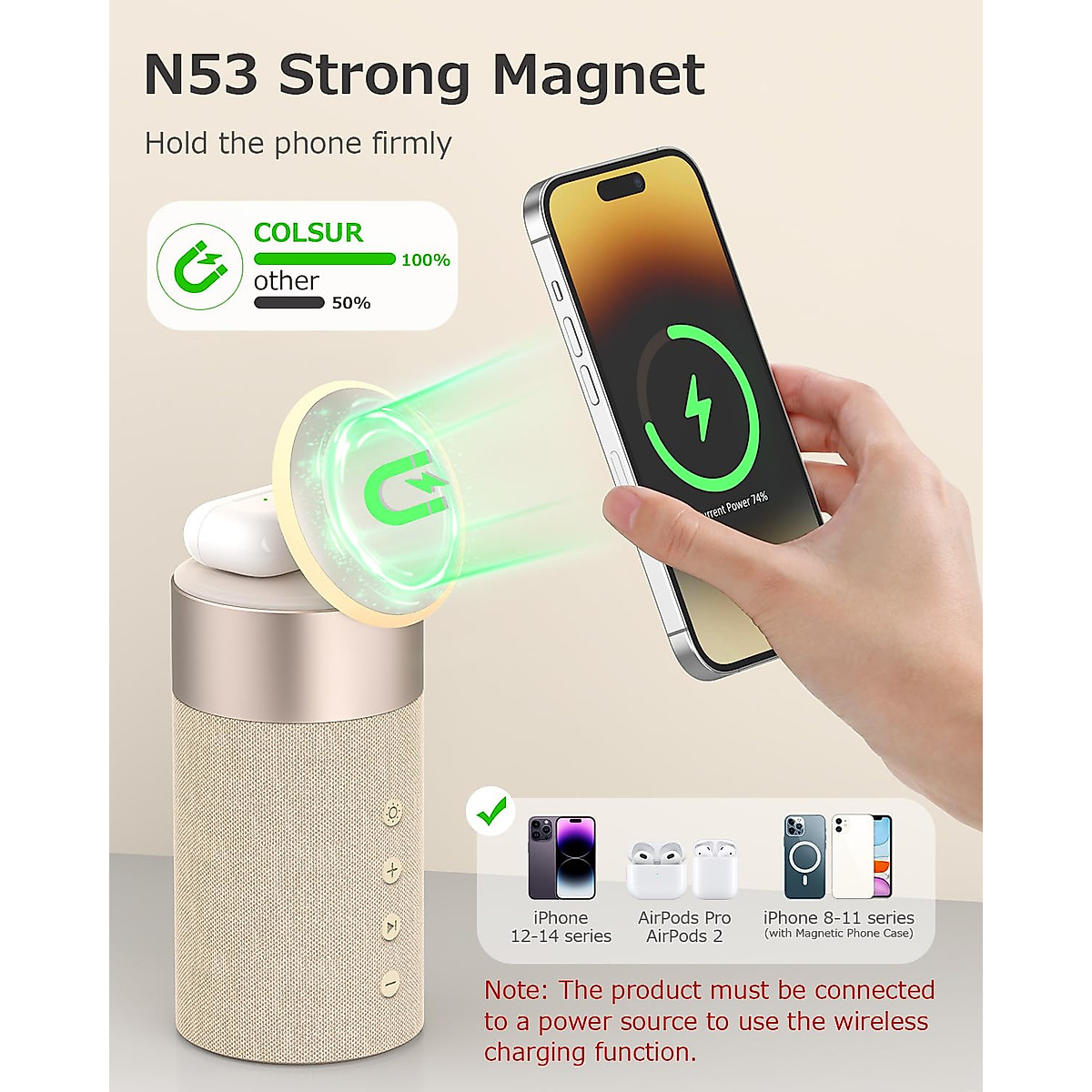 COLSUR Bluetooth Speaker with Night Light, Magnetic Wireless Charger, 2 in 1 Wireless Charging Station for iPhone 14/13/12 Series, AirPods Pro/3/2（Gift Ideal）