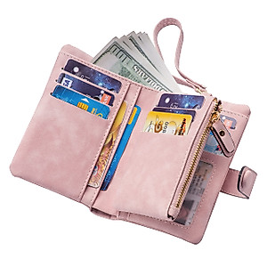 COKOK RFID Blocking Small Women Wallet Soft PU Leather Ladies Wallets Bifold Purse Zipper Pocket Card Case Purse Mini Wristlet Clutch with Wrist
