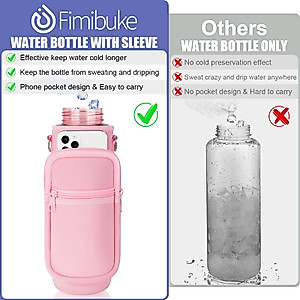 Fimibuke 32 oz Water Bottle with Sleeve - BPA Free Leakproof Sport Large 1L Plastic Motivational Water Bottle with Straw & Strap & Insulated Neoprene Holder Carrier Bag for Women Men(A2.Baby Pink)