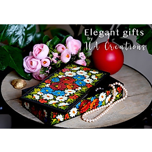 UA Creations Petrykiv Ethnic Rectangular Lacquered Wooden Jewelry Box with Lid, Hand Painted Flowers on Black, Beautiful Floral Design Gift for Women (red and blue)