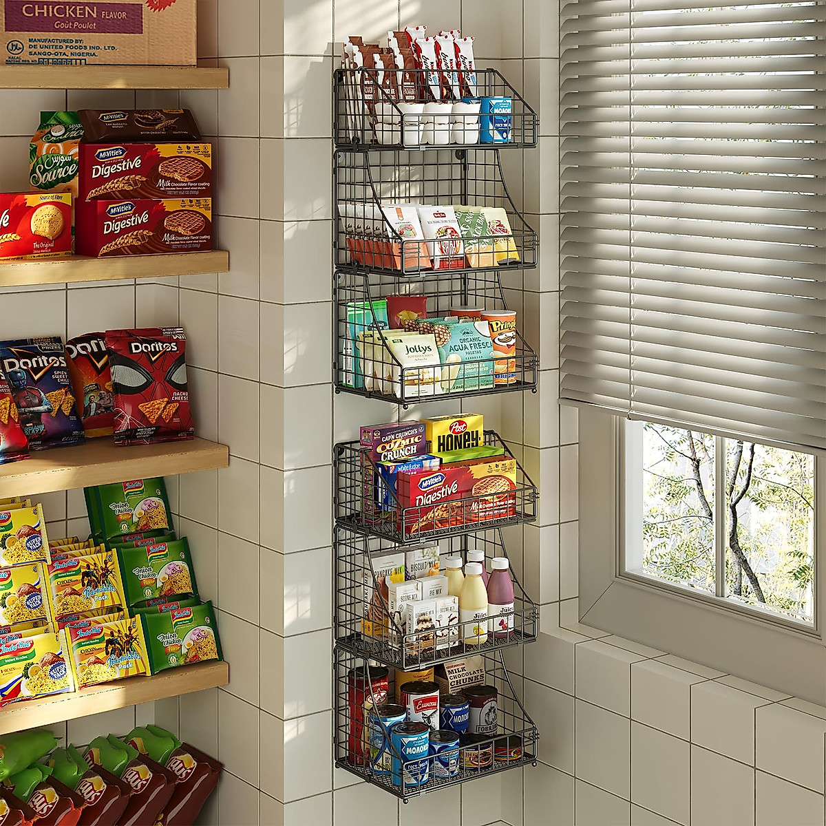 Stackable Tea Bag Organizer with Removable Divider and Hooks Wall Mount 3 Tier Metal Wire Storage Basket Countertop Coffee Condiment Snack Holder Rack for Home Office Kitchen Cabinet Pantry Black