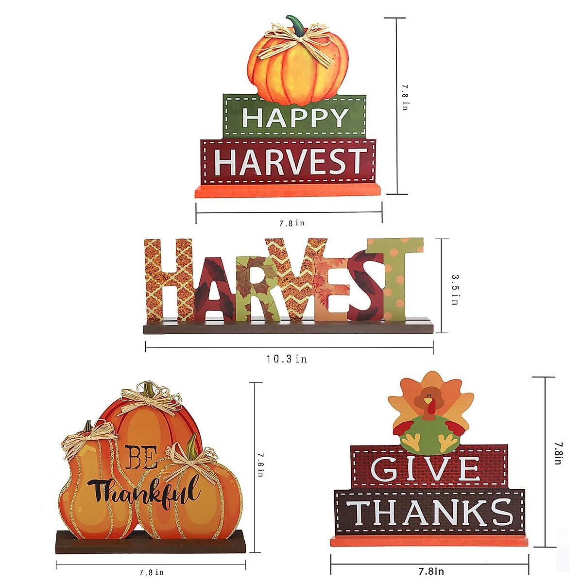 MorTime 4 Pack Thanksgiving Themed Table Centerpiece Signs, Wood Pumpkin Table Decor Harvest Autumn Glittery Pumpkins Table Topper for Home Office Thanksgiving Decorations