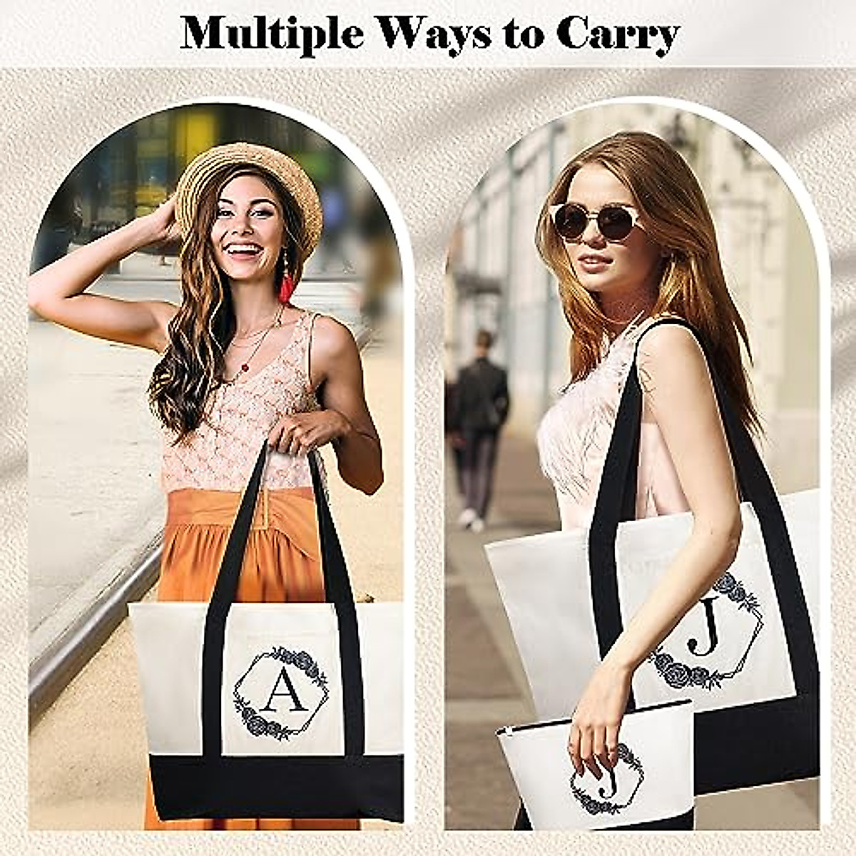 AUNOOL Personalized Tote Bag for Women Initial Embroidery Makeup Bag, Canvas Beach Tote with 2 Pockets, Bridal Party Gifts Reusable Grocery Bags for Wedding Holiday Shopping Picnic Travel Letter E