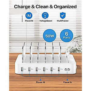 SooPii Premium 6-Port USB Charging Station Organizer for Multiple Devices, 6 Short Charging Cables and One Upgraded i-Watch Charger Holder Included, for Phones, Tablets, and Other Electronics, White