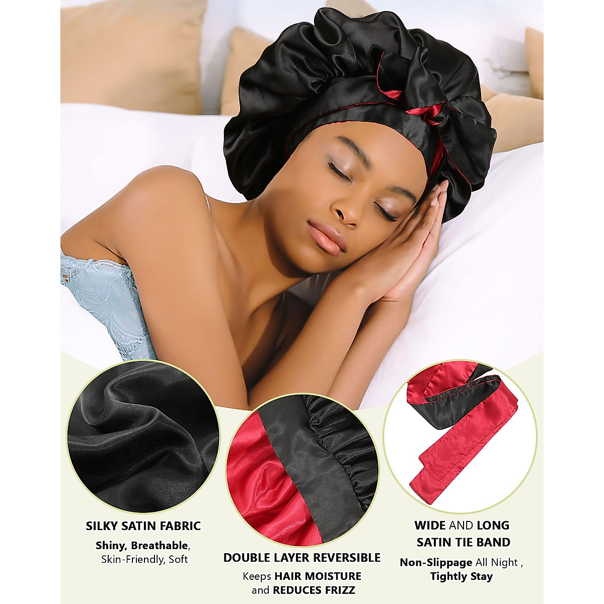 Satin Bonnet Silk Hair Bonnets for Women Curly Hair Wrap for Sleeping Cap Reversible Bonnet with Tie Band Night Cap Double Layer Sleep Cap for Curly Hair (Double-Layer Satin Bonnet (Black + Red)