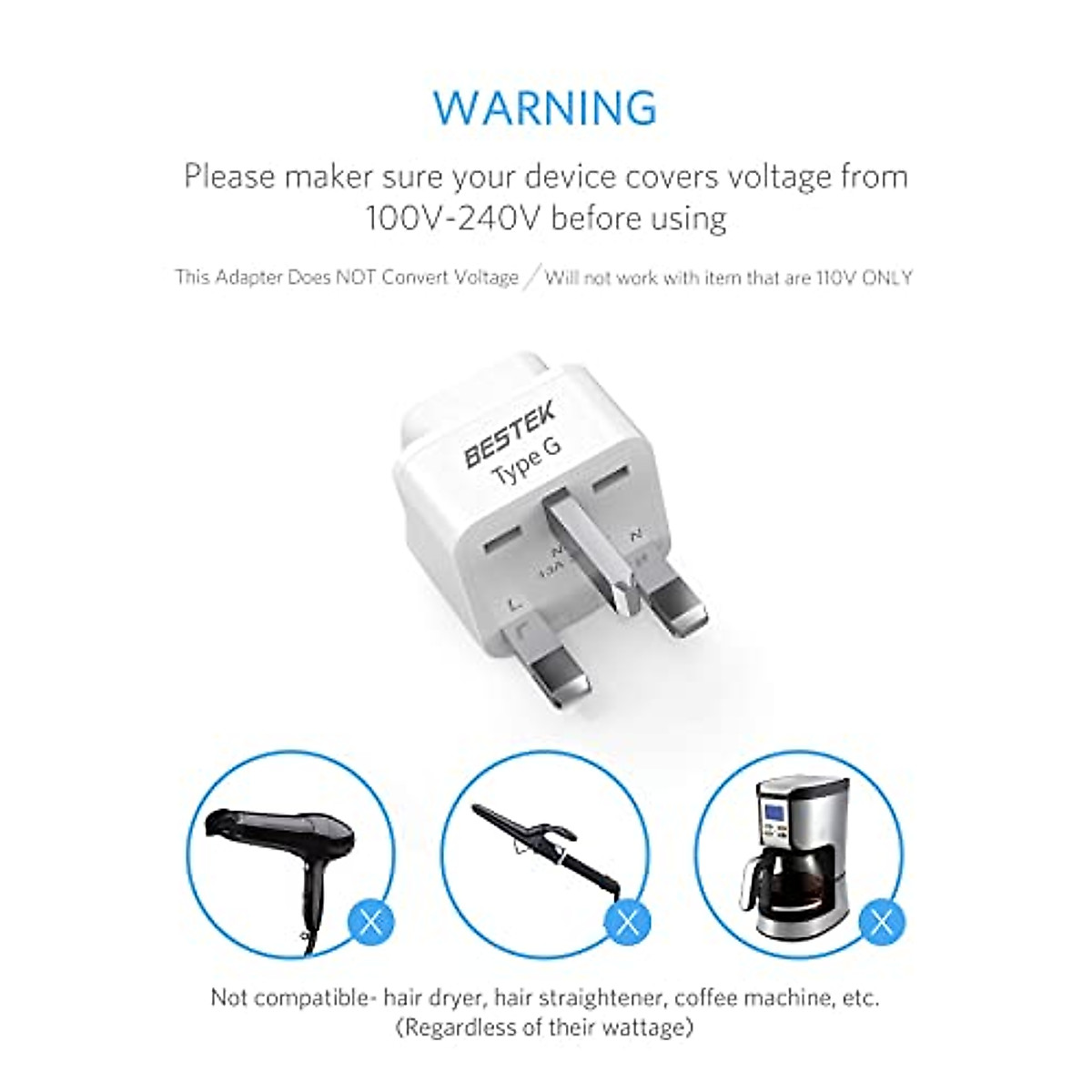 BESTEK UK Travel Plug Adapter Set, Grounded Universal Power Plug Adapter for USA to Type G Countries, UK, Ireland, Hong Kong and More-3 Packs