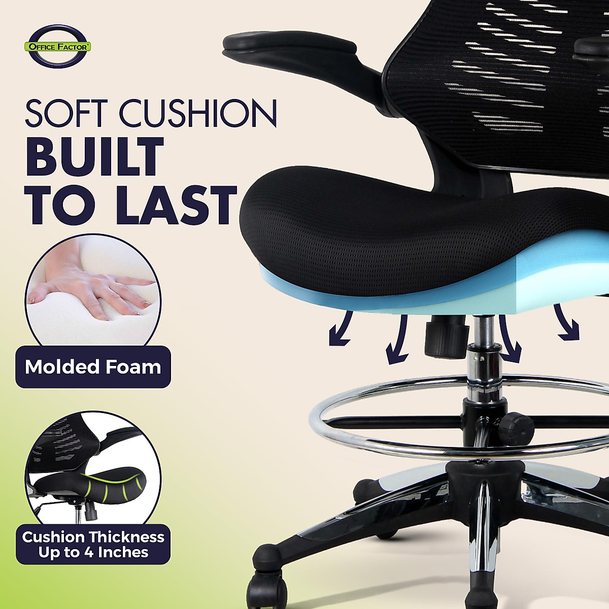 OFFICE FACTOR Stool Clerk Teller Drafting Chair Reception Black Mesh Flip up Armrest Molded Seat with a Single Handle Mechanism (Stool Black MESH Fabric)