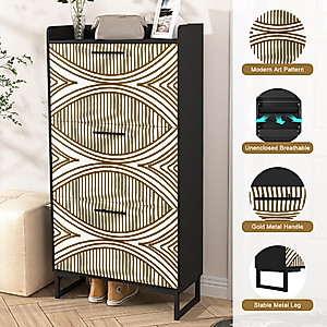 Vibe & Dine Shoe Cabinet with 3 Flip Drawers, Modern Shoe Storage Cabinet with Adjustable Shelves for Entryway Slim, FreeStanding Narrow Shoe Organizer Cabinet with Gold Metal Handle and Legs, Black