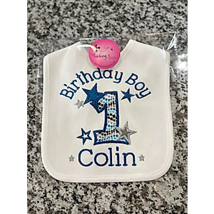 Fantasy Kids Designs First Birthday Boy Bib Smash Bib for Baby Boy Personalized with Custom Name (White Bib/Royal Blue)