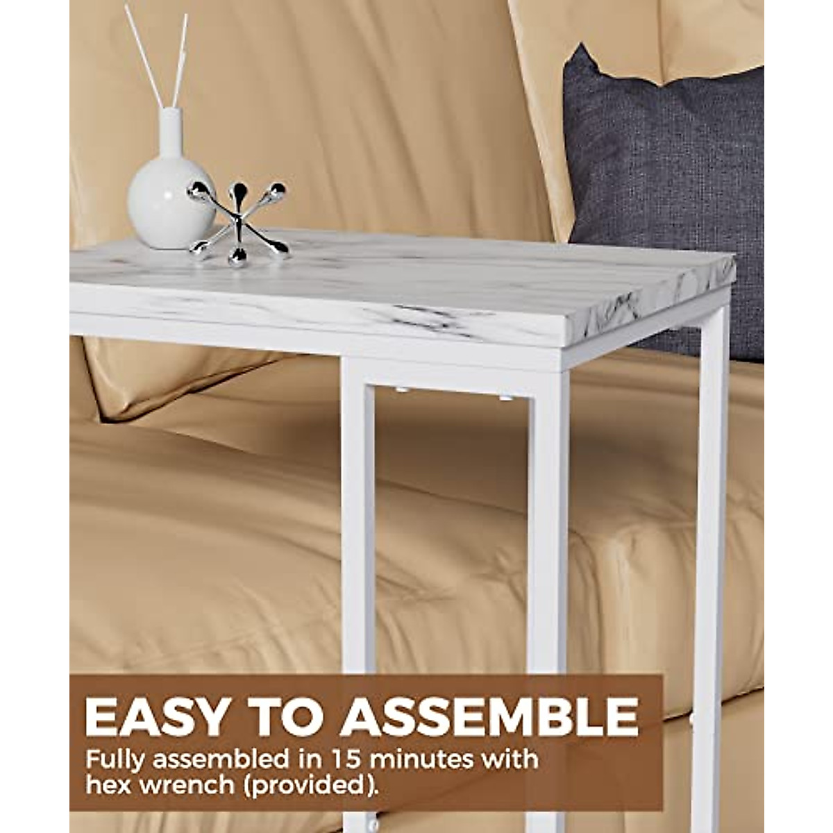 HOME BI C Table End Table, Beside Bed Sofa End Table, Save Spaces Side Table C Shape, Easy to Install Side Table for Living Room Bedroom White