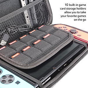 TJS Case for Nintendo Switch with [2 Pack Tempered Glass Screen Protector] Carbon Fiber Texture Hard Travel Carrying Case Shell Carry Pouch - Blue