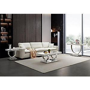 Mid-Century Modern White Marble End Table w/Silver U-Shaped Stainless Steel Base Night Stand Square End Table for Living Room Luxury Sofa Side Table witn High Glossy Finish