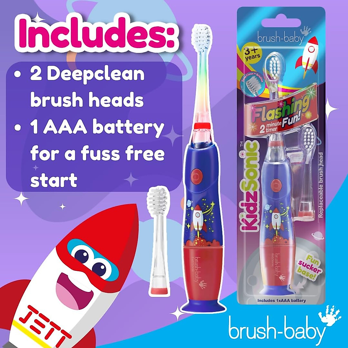 Brush Baby KidzSonic Toddler and Kid Electric Rocket Toothbrush for Ages 3+ Years - Disco Lights, Gentle Vibration, and Smart Timer Provide a Fun Brushing Experience - (2) 3+ yrs with Brush Heads