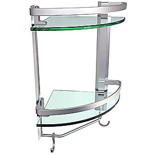 Vdomus 2 Tier Glass Corner Shelf, Bathroom Organizer Shower Caddy, Shower Shelve with Towel bar Wall Mounted, Glass Bathroom Shower Shelf Brushed Silver Finished