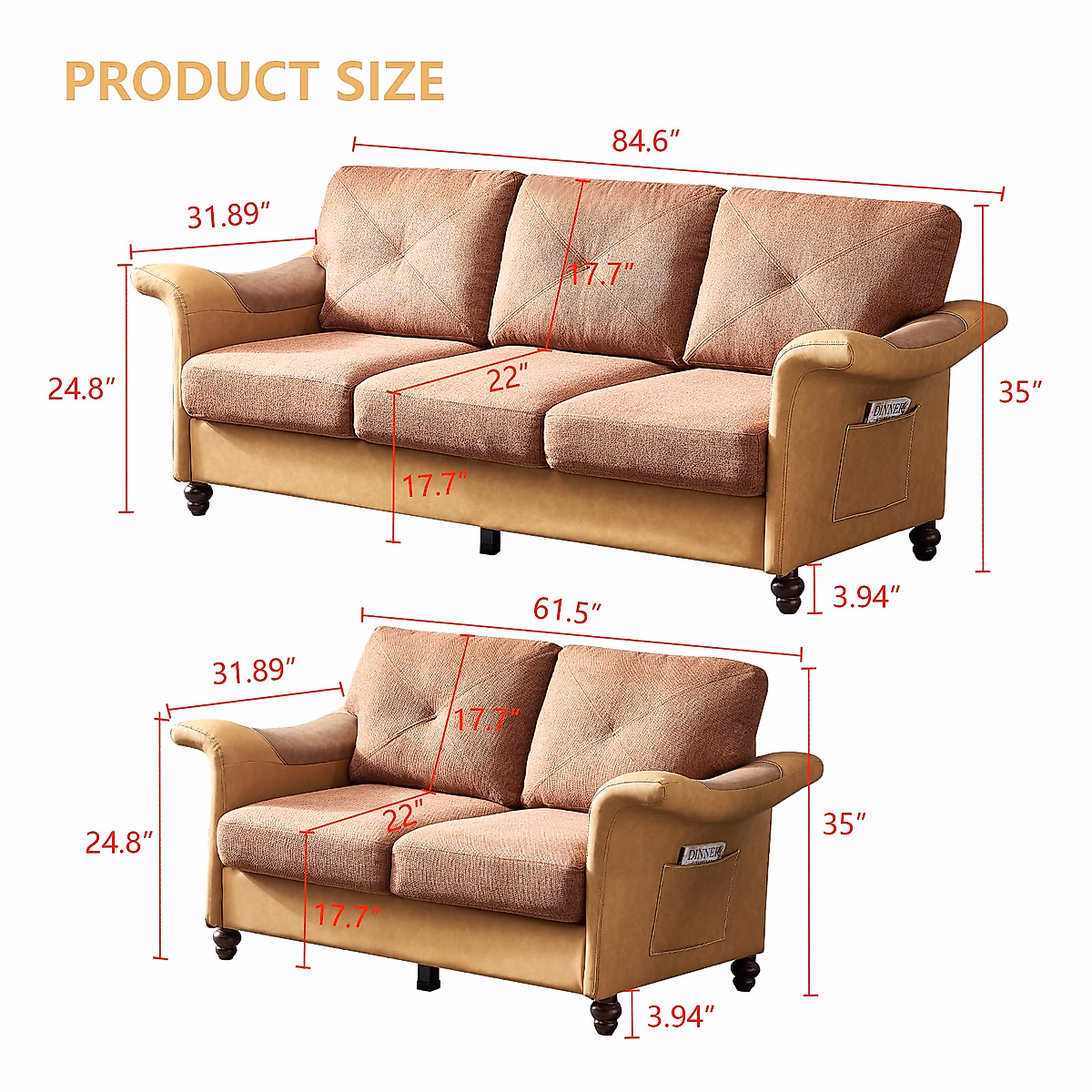 Myshle 2+3 Sectional Storage, Sleeper Couch Chaise with Curved Arm, Upholstered Sofa with Seat Cushion and Wood Legs for Living Room,Bedroom,Office, Linen Fabric, Faux Leather, Red Brown