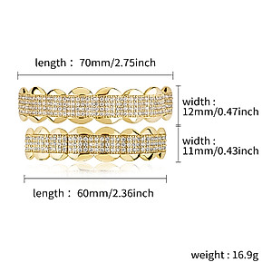 JINAO Hip Hop 4 Rows 8 Top Teeth 3 Rows 8 Bottom Tooth Grillz 14K Gold Plated Iced Out Cubic Zirconia Diamond Mouth Grills for Men and Women(Gold)