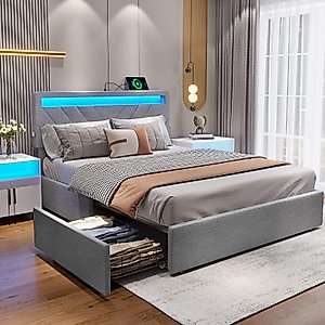 ADORNEVE Queen LED Bed Frame with Drawers Storage, 2 USB Charging Station, Upholstered Platform Bed with Storage & LED Lights Headboard, No Box Spring Needed, Light Grey