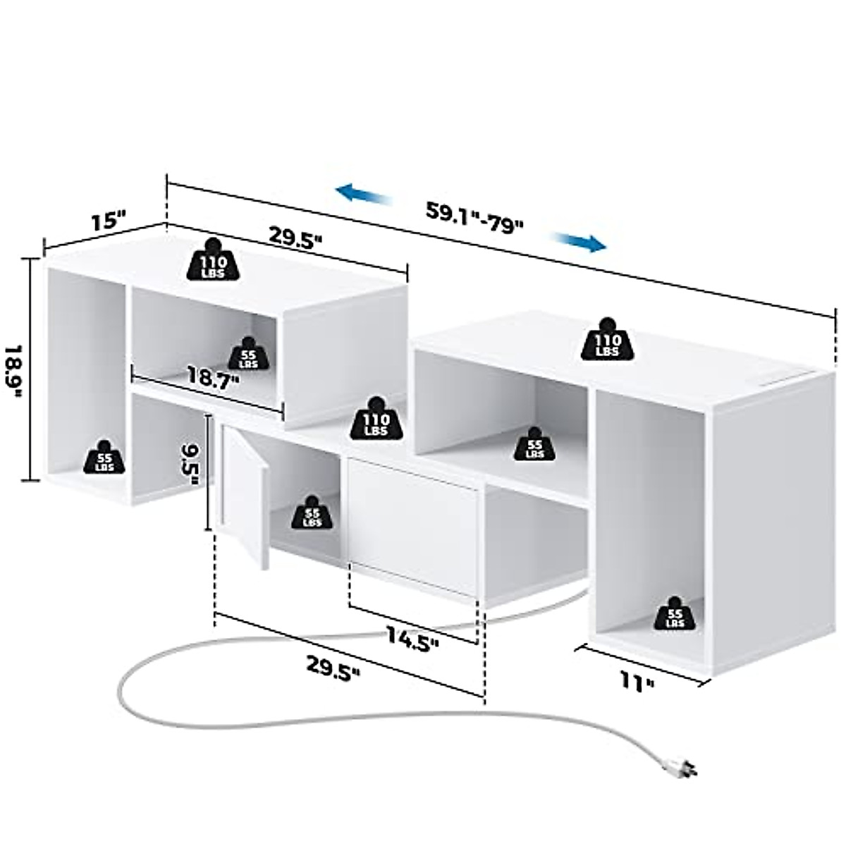 Rolanstar TV Stand, Deformable TV Stand with Power Outlets & LED Strip, Modern Entertainment Center for 45/50/55/60/65/70 inch TVs, 3 Pieces TV Stand with Open Storage and 2 Storage Cabinet, White