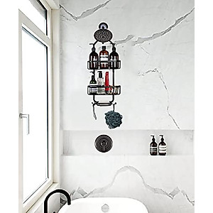 GAKEIHOO Hanging Shower Caddy, Non Drilling Shower Caddy Over Shower Head with Hooks for Razor and Sponge, Rustproof Shower Racks for Inside Shower for Bathroom & Shower Room(Black)