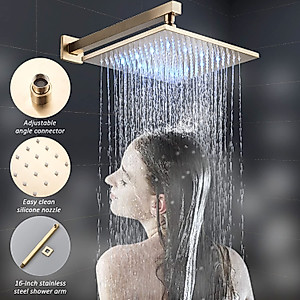 Saeuwtowy Brushed Gold Rain Shower System with 12 Inch LED Shower Head and Brass Handheld with Brass Valve and Trim Kit Shower Faucets Sets Complete