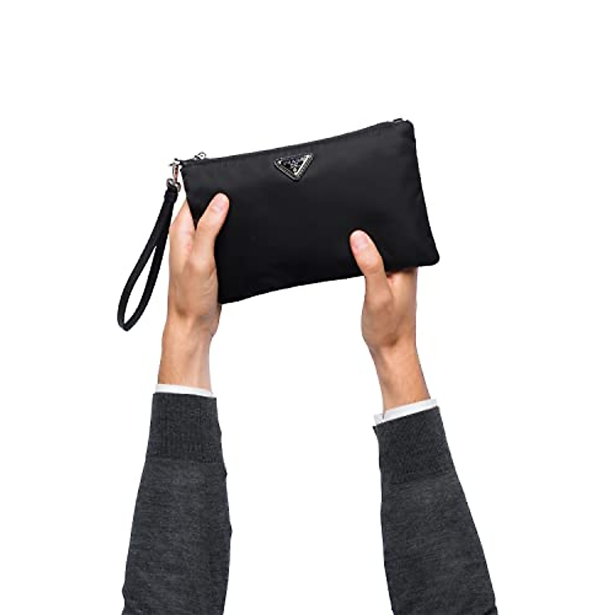 Prada Black Tessuto Nylon Pouch Case Clutch w Silver Prada Logo 1NH545, Small