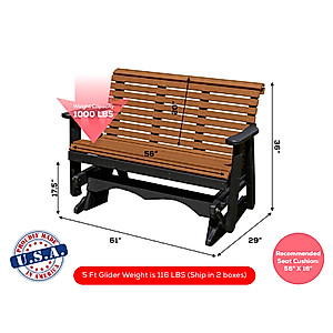 5FT Glider Amish Handmade in USA Poly Lumber wood Lancaster series Signature Roll Back Porch Glider Heavy Duty Everlasting PolyTuf HDPE with No wood fibers and 1000 lbs Limit,Stainless Steel hardware