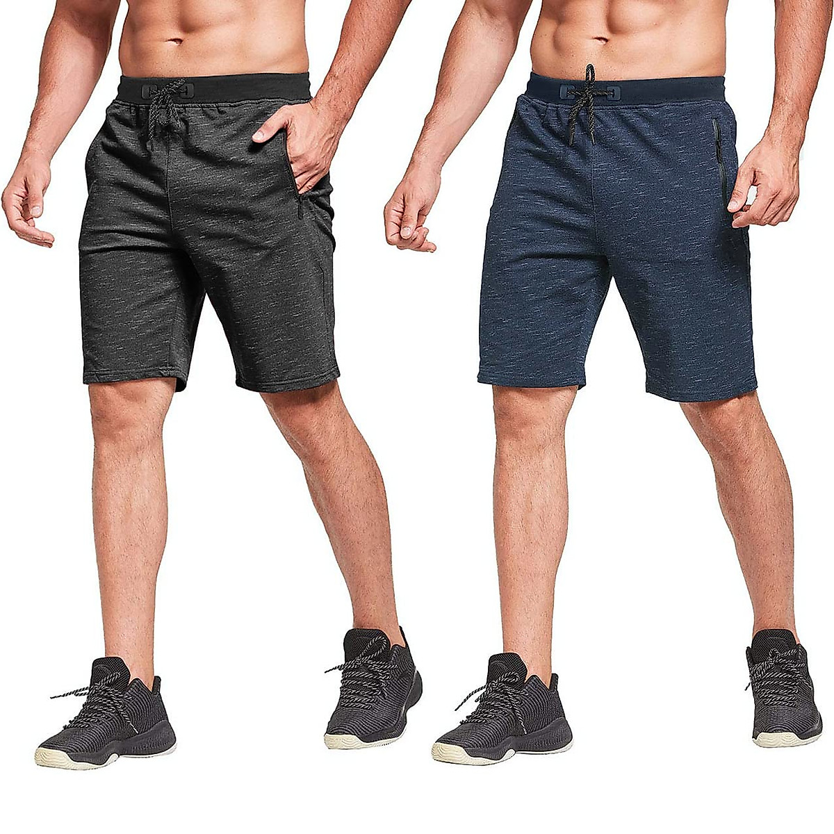 Boyzn Men's 2 Pack Athletic Shorts Comfortable Cotton Workout Shorts Elastic Waist Running Shorts with Zipper Pockets Black/Blue S