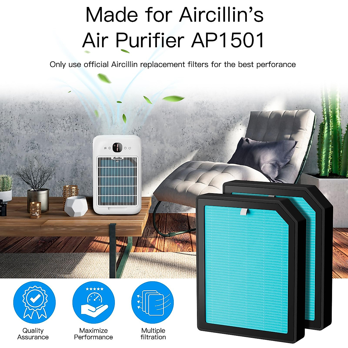 Aircillin Air Purifier AP1501 Replacement Filters 6-Pack, H13 True HEPA Filter, Activated Carbon Filter(AP1501)