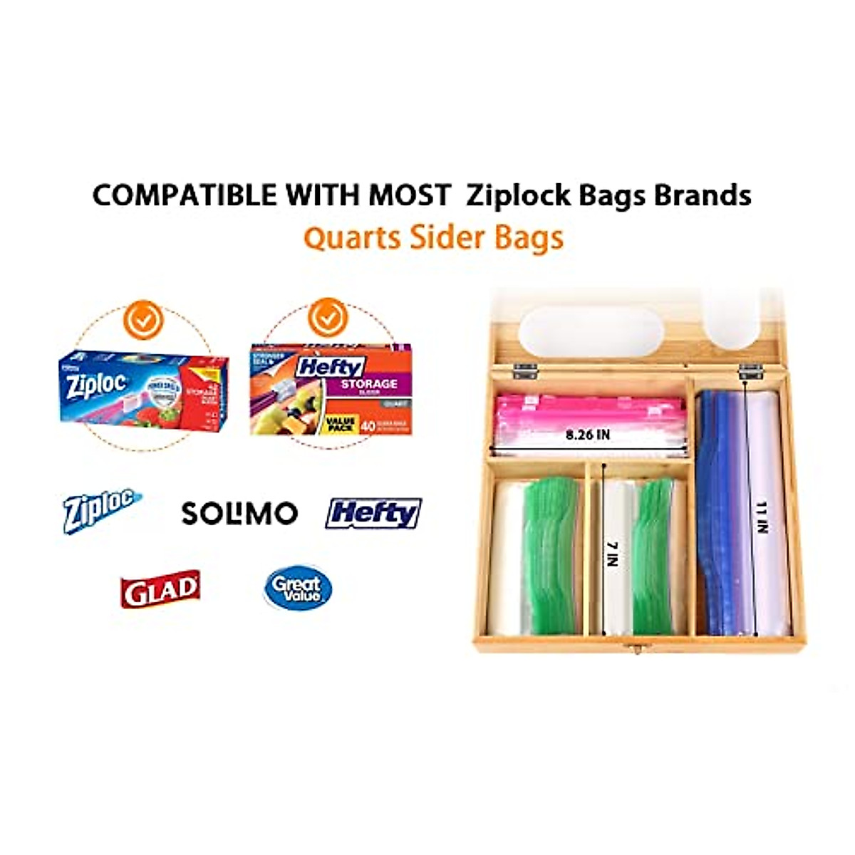 ComboJoy Ziplock Bag Organizer, Premium Bamboo Baggie Organizer for Drawer with Wall Mount Design, Easy to Refill, Compatible with Quart Slider Bag, Ziploc, Glad, Hefty for Gallon, Sandwich & Snack