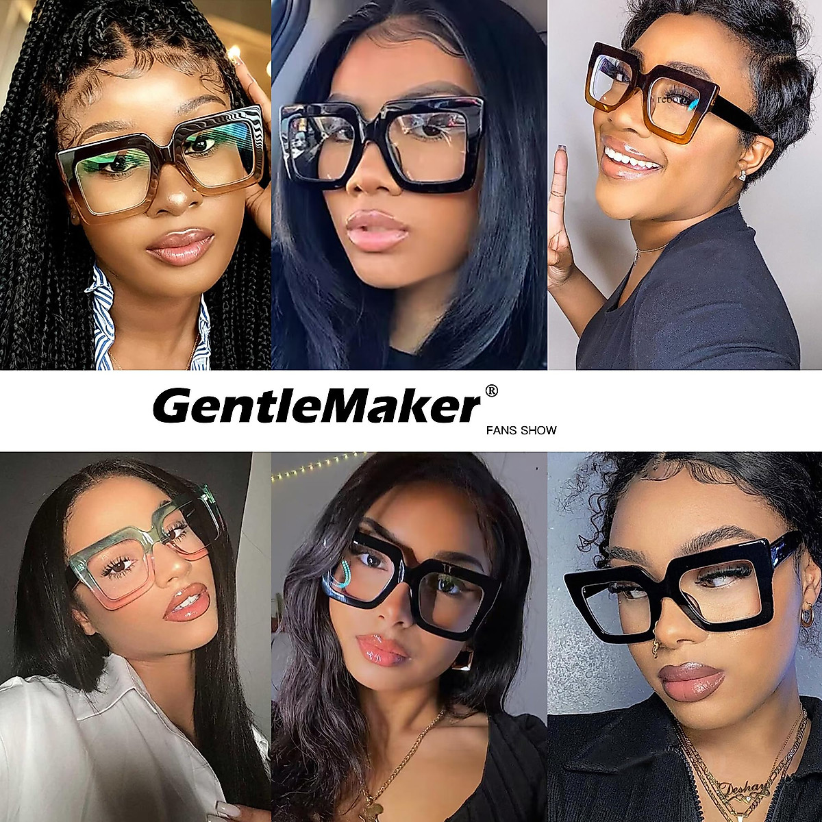 gentlemaker Oversized Blue Light Glasses for Women - Fashion Square Big Frame Non-Prescription Clear Eyewear(Black+Champagne Black)