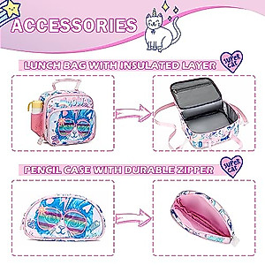 Robhomily Girls Backpack with Lunch Box for Elementary School Preschool Kindergarten,16 Inch Cute Cat Kids Backpack with Lunch Bags Sets for Girls,Pink School Backpack