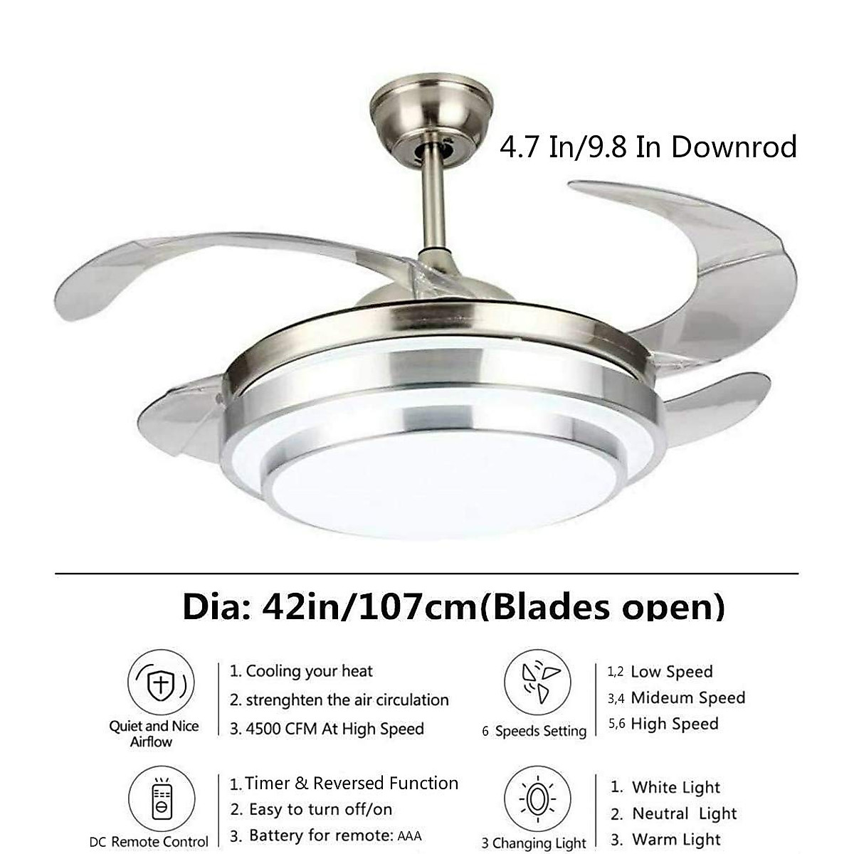 Lighting Groups 42 Inch Invisible Ceiling Fan 3-Color Lights Remote Control Retractable Blades Fandelier for Living Room Dining Room Reversible Fan Indoor Lights (Chrome-02)