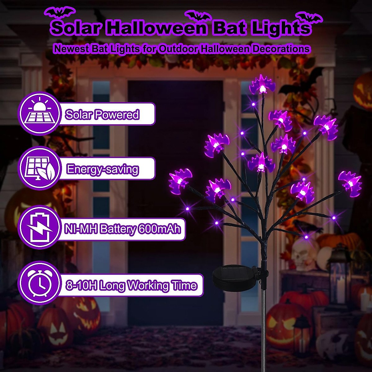 2 Packs 40LEDs Solar Halloween Bat Stake Lights, 2 Modes Purple Halloween Bat Lights for Outdoor Halloween Decorations, Waterproof Solar Halloween Lights Stakes for Garden Yard Pathway Walkway