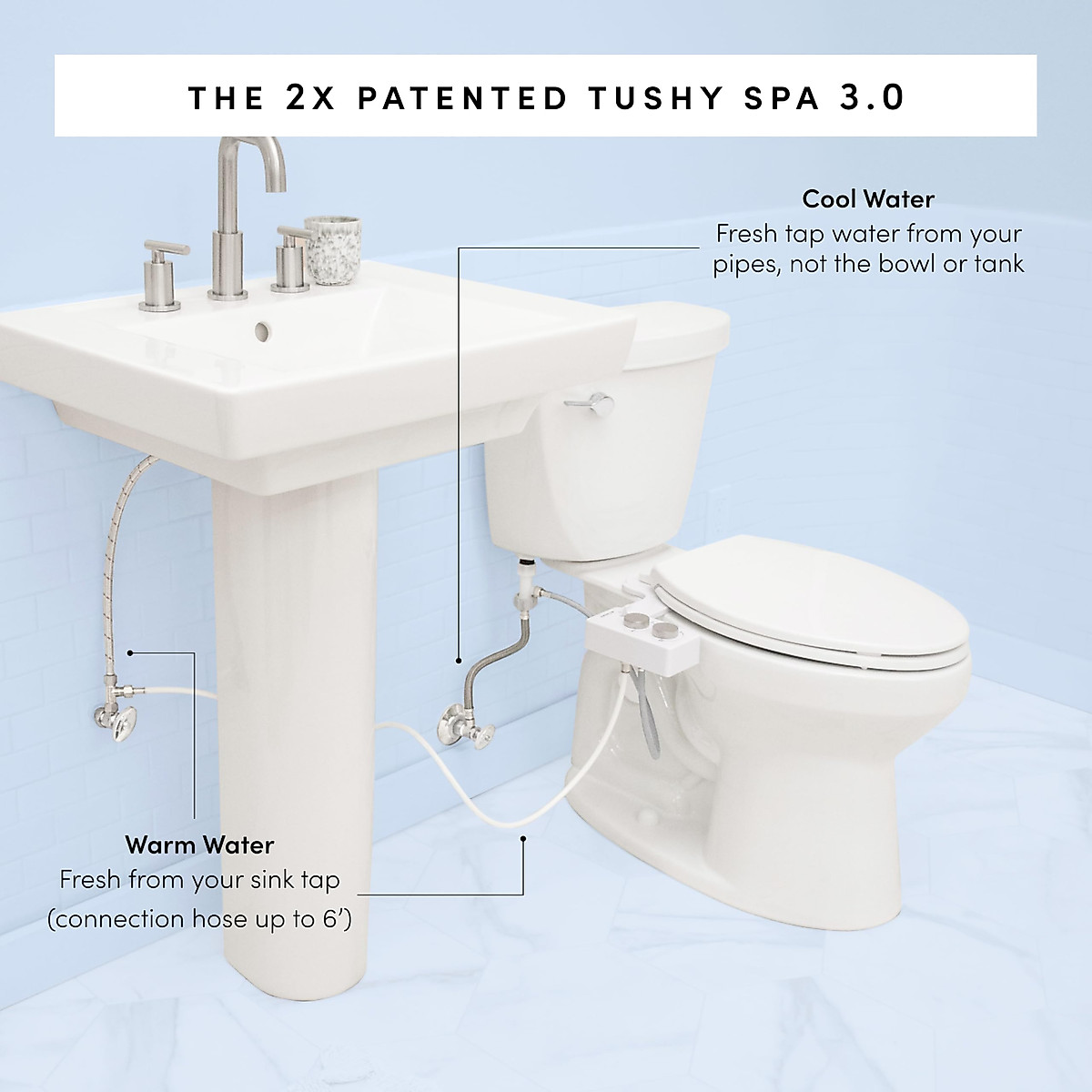 Tushy 3.0 Spa Bidet Attachment. Cool to Warm Water Temperature Control, Self Cleaning Fresh Water Sprayer, Adjustable Pressure Nozzle & Angle Control (Requires Sink Access for Warm Water), Bamboo