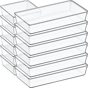 12 Pack Large Clear Plastic Drawer Organizer Set, Acrylic Bathroom Organizer Vanity Trays Dividers, Kitchen Organizers and Storage, Non-Slip Storage Bins for Makeup, Snacks, Office, Desk, Fridge